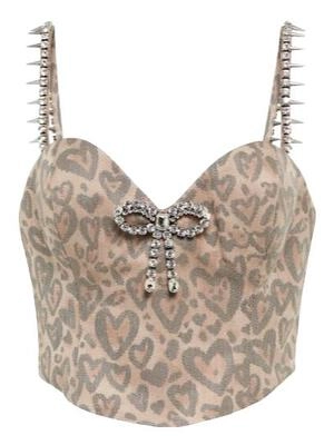 AREA Embellished Leopard Heart Print Corset Top - Nude