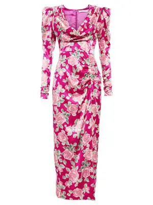 Alessandra Rich Floral Draped Silk Satin Maxi Dress - Multi-color