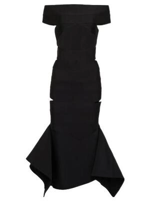 Alexandre Vauthier Off-shoulder Knit Midi Dress With Slit Detail And Asymmetrical Hem - Black