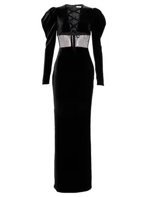 Alessandra Rich Velvet Maxi Dress With Mesh Midriff - Black