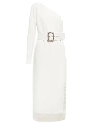 SAFIYAA LONDON Asymmetrical Midi Dress With Crystal Belt - White