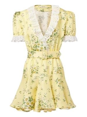 RODARTE Yellow Floral Print Satin And Broderie Anglaise Belted Minidress - Nude