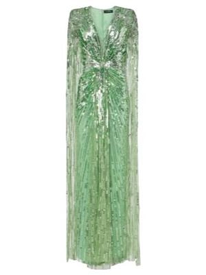 Jenny Packham Gold Rush Sequined Gown With Cape Effect - Green