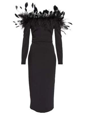 SAFIYAA LONDON Feather-trimmed Bardot Neck Midi Dress - Black