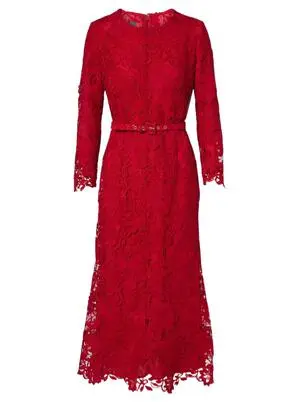 Monique Lhuillier Belted Lace Midi Dress - Red