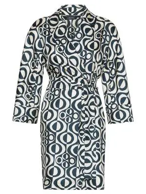 Max Mara Printed Long Sleeve Belted Dress - Navy Blue