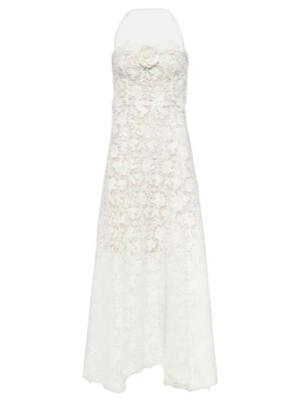 Oscar De La Renta Floral Appliqué Guipure Lace Gown - White