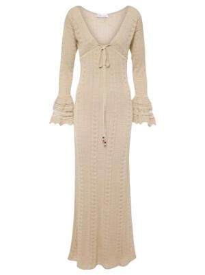 Blumarine Crochet Maxi Dress With Tie Neck - Nude