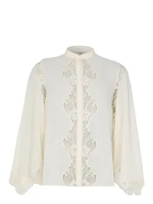 Chloé High Neck Long Sleeve Lace Detail Shirt - White