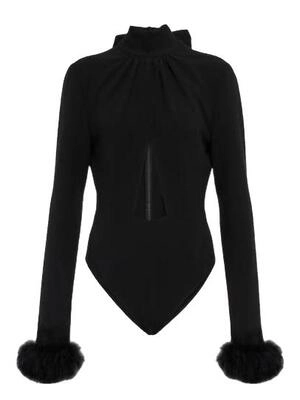 Magda Butrym Feather-trimmed Cutout Bodysuit - Black