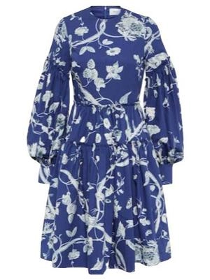 Erdem Floral Print Long Sleeve Mini Dress - Blue
