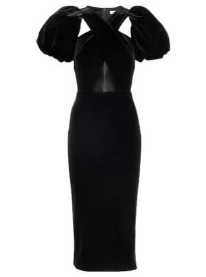 CHRISTOPHER KANE Velvet Wrap Midi Dress With Puff Sleeves - Black