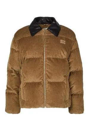 Miu Miu Zip Up Corduroy Puffer Jacket With Graphic Detail - Brown