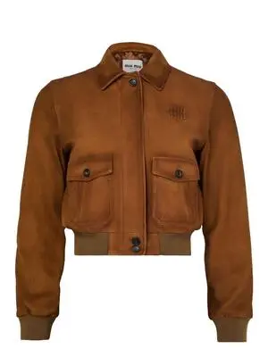 Miu Miu Cropped Suede Bomber Jacket With Flap Pockets - Brown