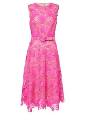 Oscar De La Renta Floral Lace Midi Dress With Belt - Pink