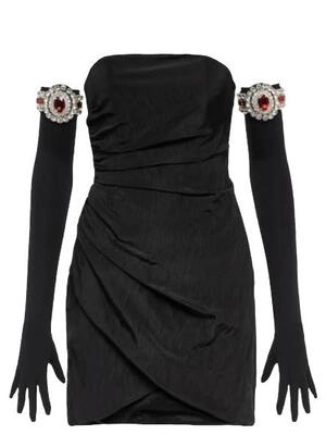 David Koma Sleeveless Ruched Moir Mini Dress With Embellished Gloves - Black