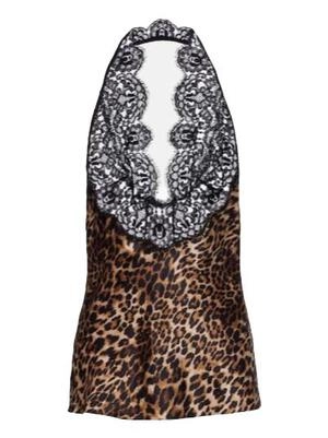 NILI LOTAN Nili Lotan Teo Leopard-Print Silk Satin Halterneck Top With Lace Trim Black