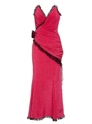 Alessandra Rich Polka Dot Silk Maxi Dress With Floral Applique - Fuchsia/black