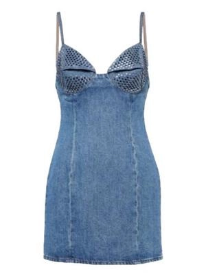 AREA Crystal Embellished Denim Mini Dress - Blue