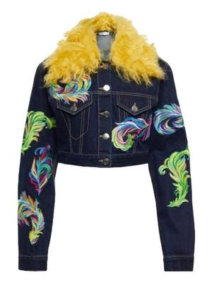 AREA Mohair-trimmed Cropped Denim Jacket With Feather Embroidery - Black