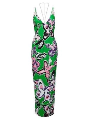 AREA Halterneck Embellished Printed Gown - Green