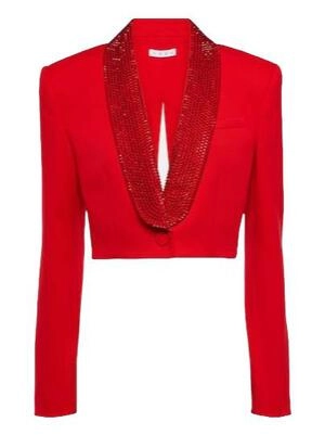AREA Crystal-embellished Cropped Wool Blazer - Red