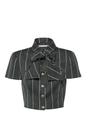 Alessandra Rich Pinstripe Cropped Wool-blend Jacket With Bow Detail - Black