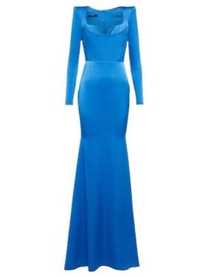 ALEX PERRY Alex Perry Blue Crepe Gown With Dramatic Shoulders And Zipped Cuffs
