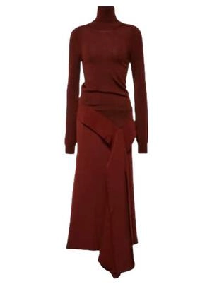 Victoria Beckham Wool And Crêpe Midi Dress With High Neck - Brown
