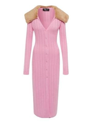 Blumarine Openwork Knit Cardigan With Detachable Fur Collar - Pink