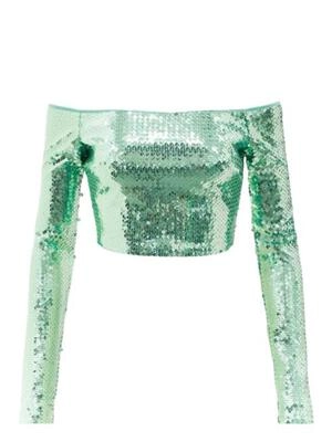 David Koma Sequined Off-the-shoulder Crop Top - Green