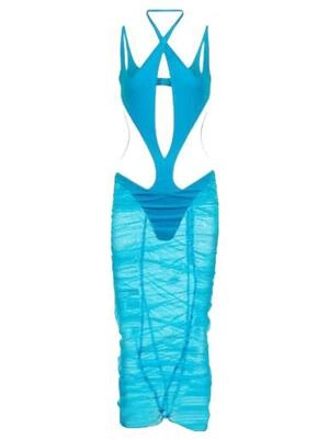MUGLER Cutout Paneled Tulle Midi Dress - Blue