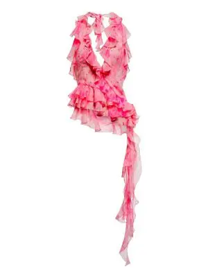 Alessandra Rich Crystal-embellished Ruffled Silk Georgette Halter Top - Pink