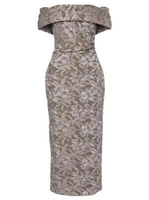 Oscar De La Renta Floral Metallic Jacquard Off-the-shoulder Midi Dress - Gray