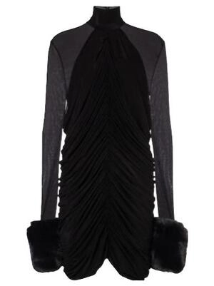 Magda Butrym Gathered Faux Fur-trimmed Mesh Minidress - Black
