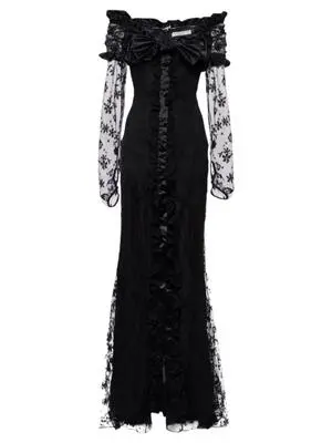 Alessandra Rich Bow-decorated Ruffled Off-shoulder Lace Dress - Black