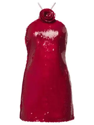 Magda Butrym Floral Appliqué Sequined Halterneck Mini Dress - Red