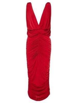 Magda Butrym Ruched Draped V-neck Midi Dress - Red