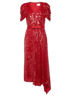 Erdem Asymmetrical Sequined Midi Dress With Puff Sleeves - Red