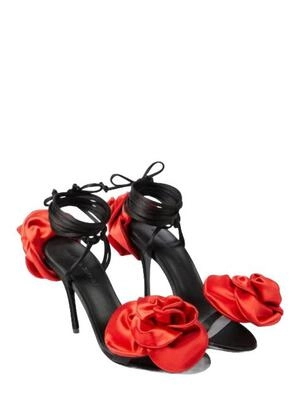Magda Butrym Floral-appliqué Satin Slingback Sandals - Black