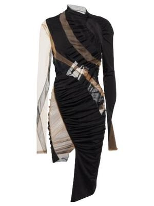 MUGLER Ruched Tulle-paneled Asymmetrical Minidress - Black