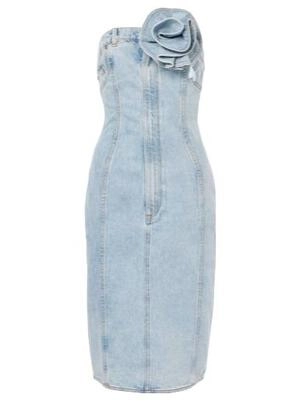 AREA Floral Appliqué Strapless Denim Midi Dress - Blue