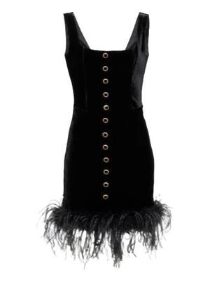Alessandra Rich Feather-trimmed Velvet Minidress - Black