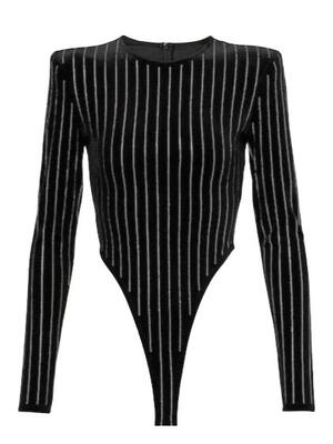 Alex Perry Velvet Pinstripe Bodysuit With Crystal Embellishments - Black