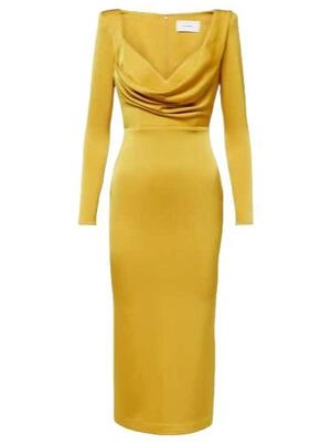 Alex Perry Flowing Midi Dress With Draped Neckline And Long Sleeves - Yellow