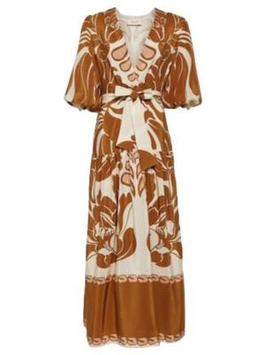 ADRIANA DEGREAS Printed Puff Sleeve Silk Maxi Dress - Brown