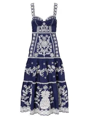 Farm Rio Embroidered Cotton Midi Dress - Blue