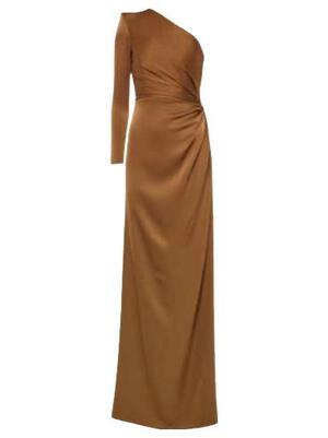 Alex Perry One-shoulder Satin Gown With Side Slit - Brown