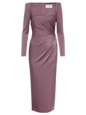 Alex Perry Satin Midi Dress With Square Neckline And Long Sleeves - Gray