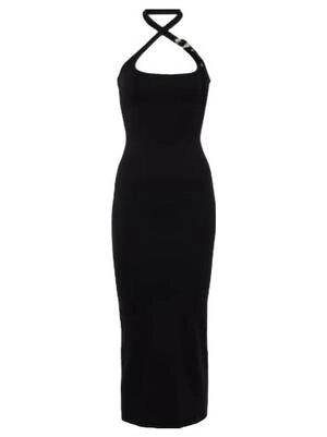 Attico Jersey Midi Dress With Halterneck And Buckle Detail - Black